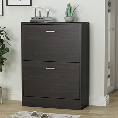 FUFU&GAGA Shoe Cabinet with 2 Flip Drawers for Entryway, Modern Storage Cabinet, Freestanding Rack Organizer (23.6”W x 9.4”D 31.4”H)(Black)