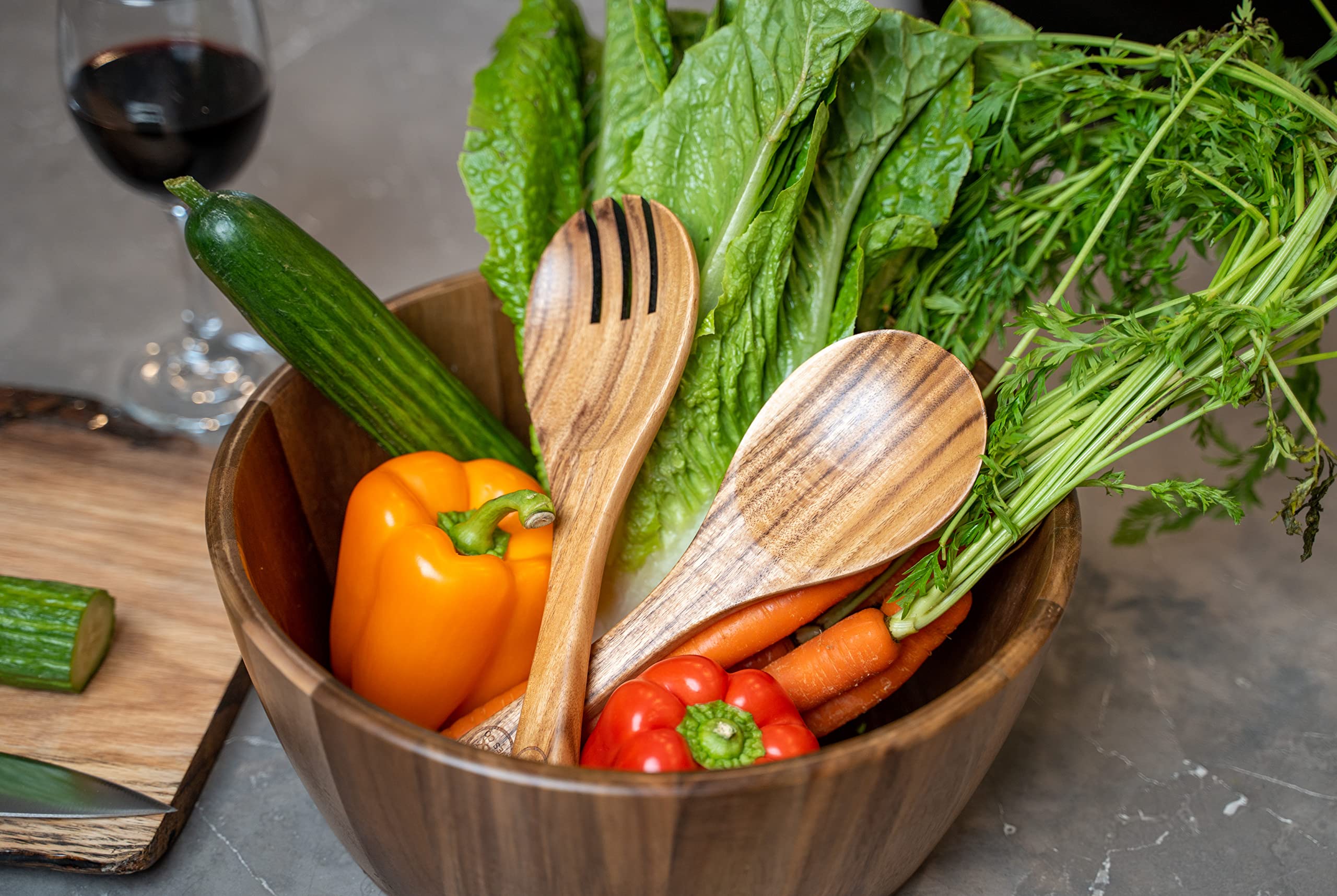 E&WES CO Large Solid Wood Salad Bowl Set 12-Inch Diameter With Wooden Utensils Spoon And Fork - Bowls Great For Mixing