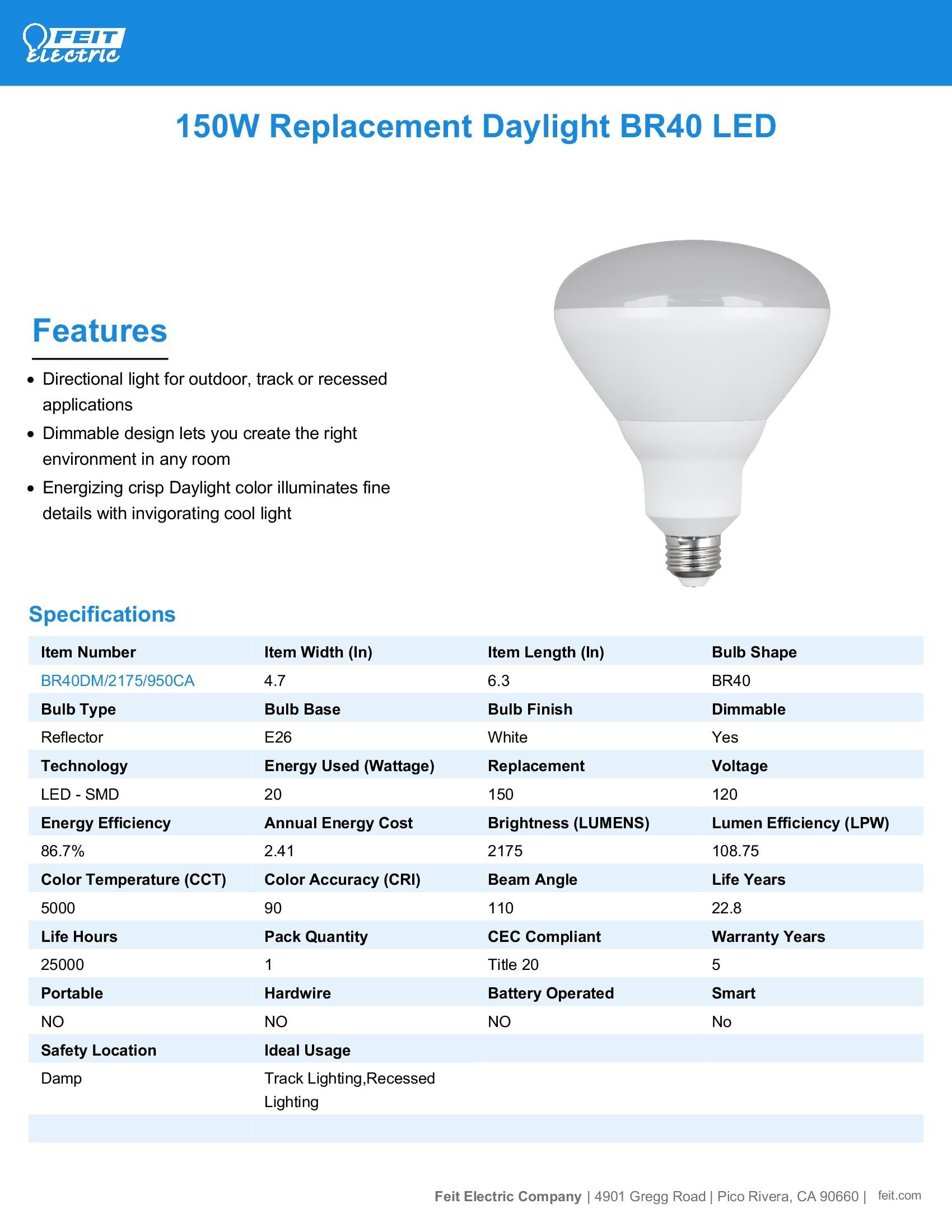 Feit Electric BR40 LED Light Bulb, 150W Equivalent, Dimmable, 2175 Lumens, E26 Medium Base, 5000K Daylight, 90 CRI, Flood Light Bulb for Recessed Cans, Damp Rated, 22-Year Lifetime, BR40DM/2175/950CA