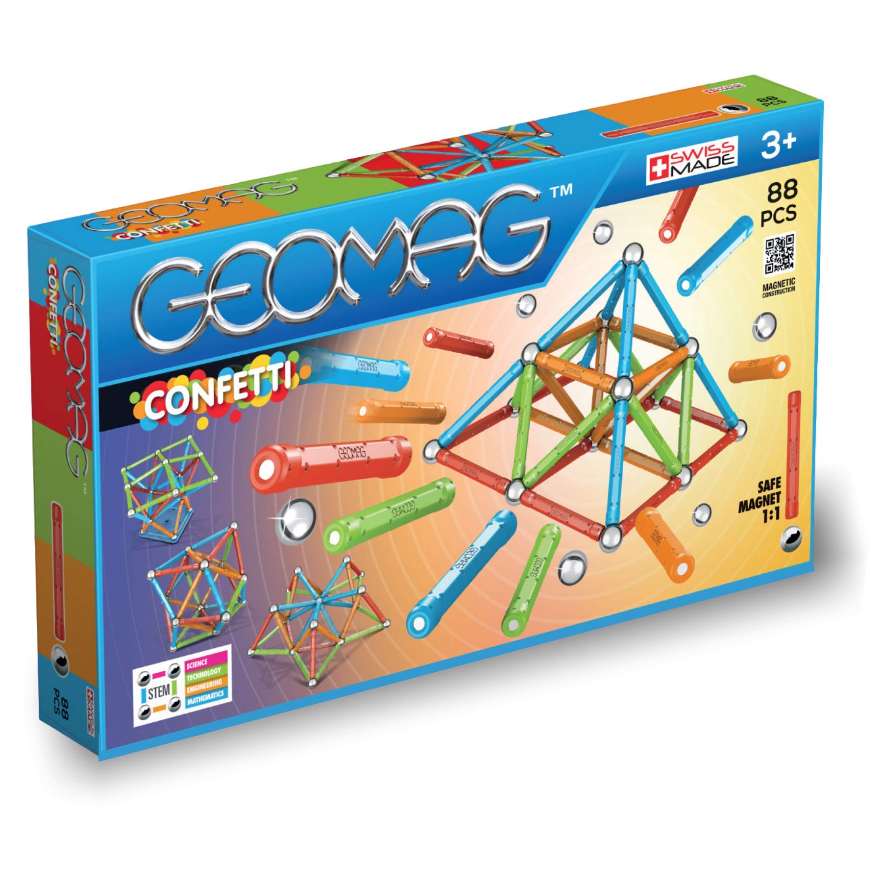 Geomag Magnetic Sticks and Balls Building Set | Magnet Toys for STEM, Creative, Educational Construction Play | Swiss-Made Innovation | Confetti 88 Piece Age 3+