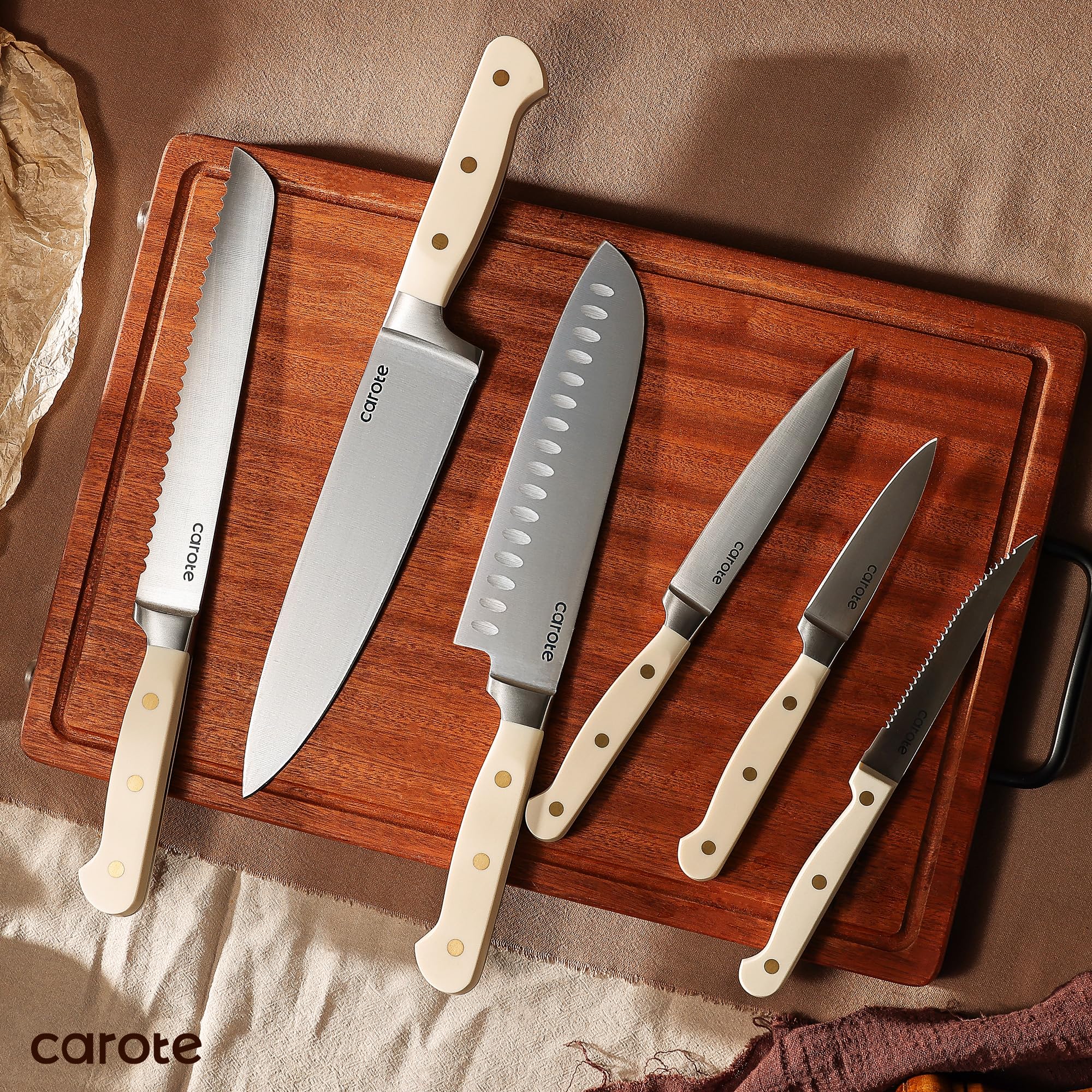 CAROTE 11PCS Knife Set with Block for kitchen, Stainless Steel Razor-Sharp Blade, Triple Riveted Ergonomic Handle,Essential Knife Set, Beige