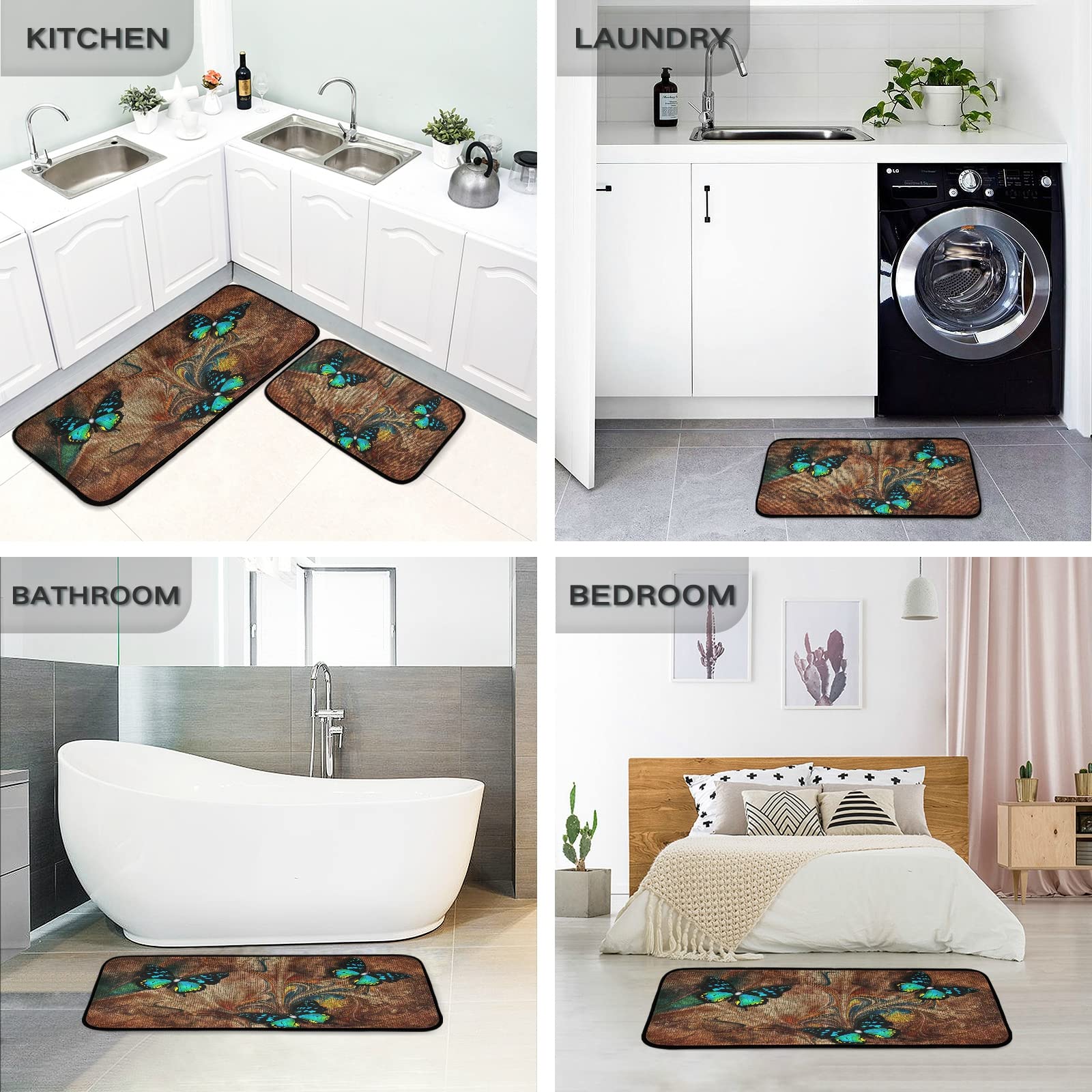 Blue Butterfly Brown Background Kitchen Mats and Rugs Set of 2 Cushioned Anti Fatigue Comfort Waterproof Runner Carpets for House,Sink,Office,Kitchen