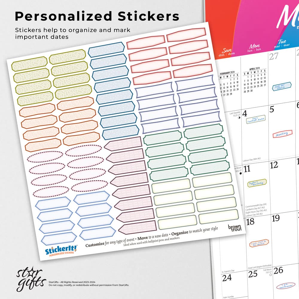 Big & Bright Large Print | 2024 14 x 24 Inch Monthly Deluxe Wall Calendar | Matte Paper and Sticker Sheet | StarGifts | Easy to See Large Font