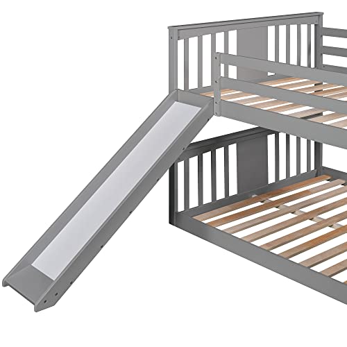 ERDAYE Full Over Full Bunk Bed with Slide and Ladder, Wood Bunkbed w/Safety Guardrails, Solid Slat Support Bedframe for Kids Teens, No Box Spring Needed, Grey