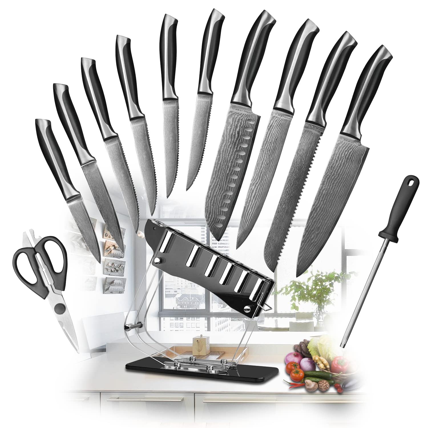 CULITECH 10+3 Piece Knives Set, Household Pro Kitchen Damascus Knife Sets with scissors,peeler sharpener, Acrylic Holder