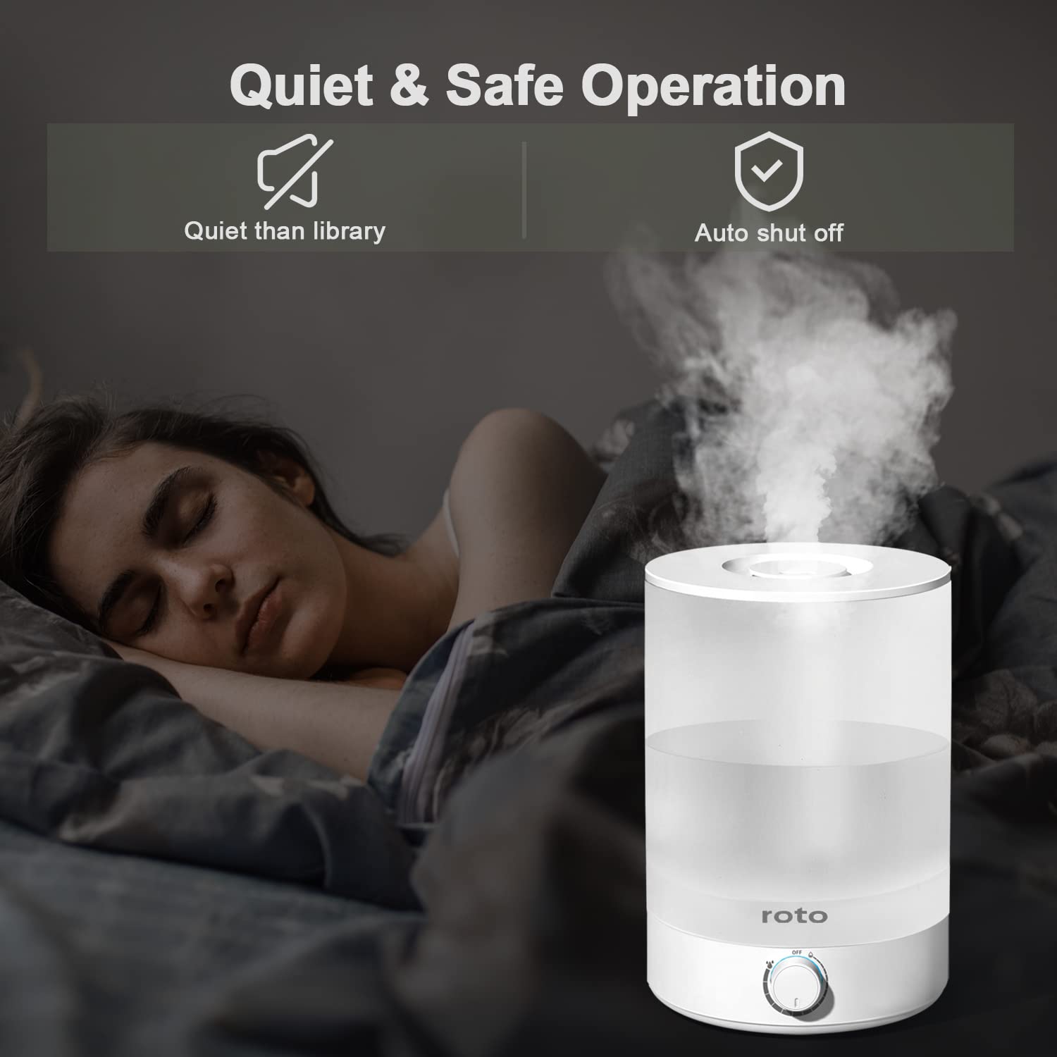 Roto Top Fill Humidifiers for Bedroom, Cool Mist Ultrasonic Quiet Humidifier with Essential Oil Diffuser, Last Up to 22 Hours, Auto Off, Adjustable Output Mist & 360° Rotation Nozzle - 2.5L