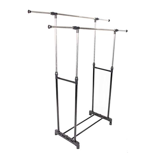 Dual-bar Vertical & Horizontal Stretching Stand Clothes Rack with Shoe Shelf YJ-04 Black & Silver,Commercial Rack Rolling Clothes Racks for Hanging Clothes Rack, Collapsible & Portable Clothes Rack