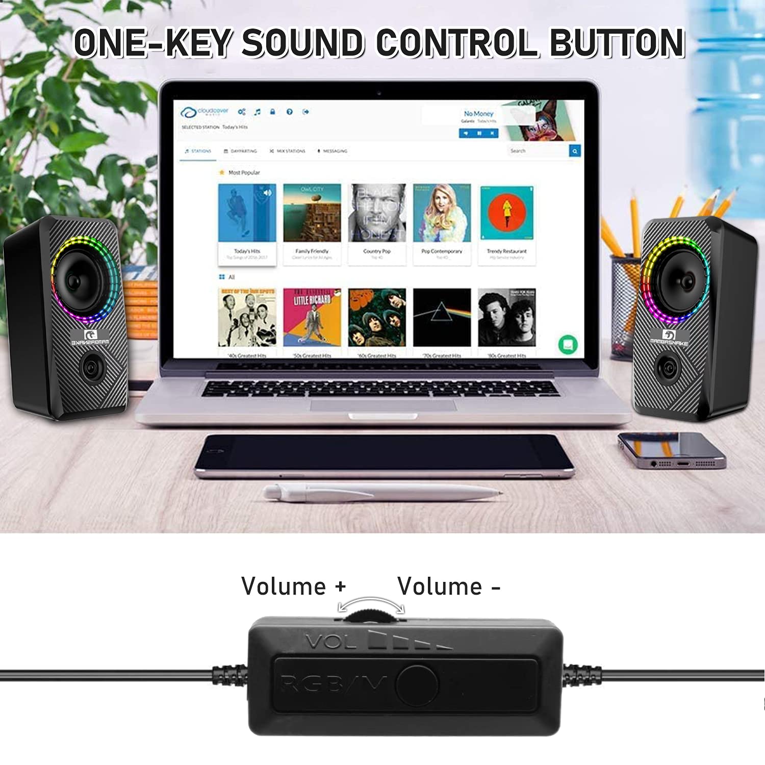 MANBASNAKE Computer Speakers RGB Gaming Speakers with 2.0 Wired USB Powered Stereo Volume Control,6 LED Modes,Dual Channel Multimedia AUX 3.5mm for PC Laptop Desktop Monitors(Black)