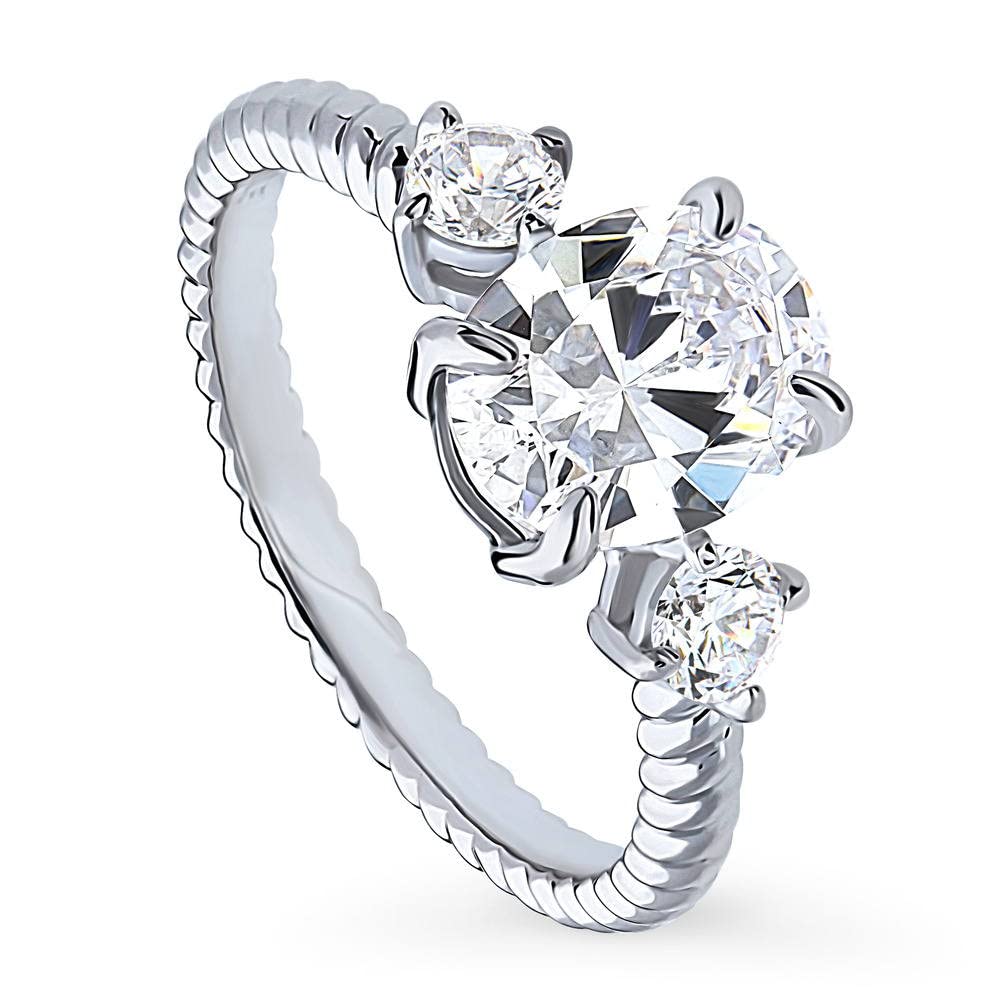 BERRICLE Sterling Silver 3-Stone Wedding Engagement Rings Oval Cut Cubic Zirconia CZ Cable Ring for Women, Rhodium Plated Size 7