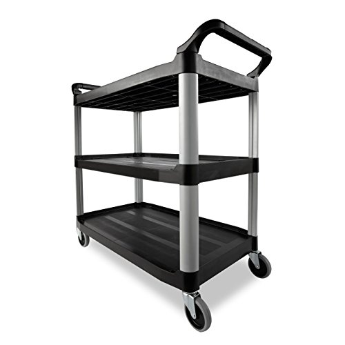 Rubbermaid Commercial Products Heavy Duty 3-Shelf Rolling Service/Utility/Push Cart, 200 lbs. Capacity, Black, for Foodservice/Restaurant/Cleaning/Workplace