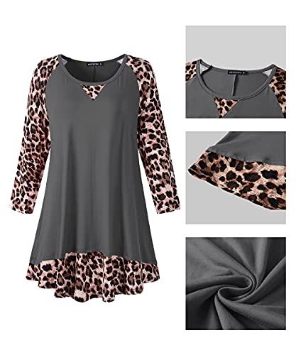 MONNURO Women's Plus Size 3/4 Sleeve Shirts Color Block Casual Loose Leopard Tunic Tops for Leggings(DeepGray,1X)