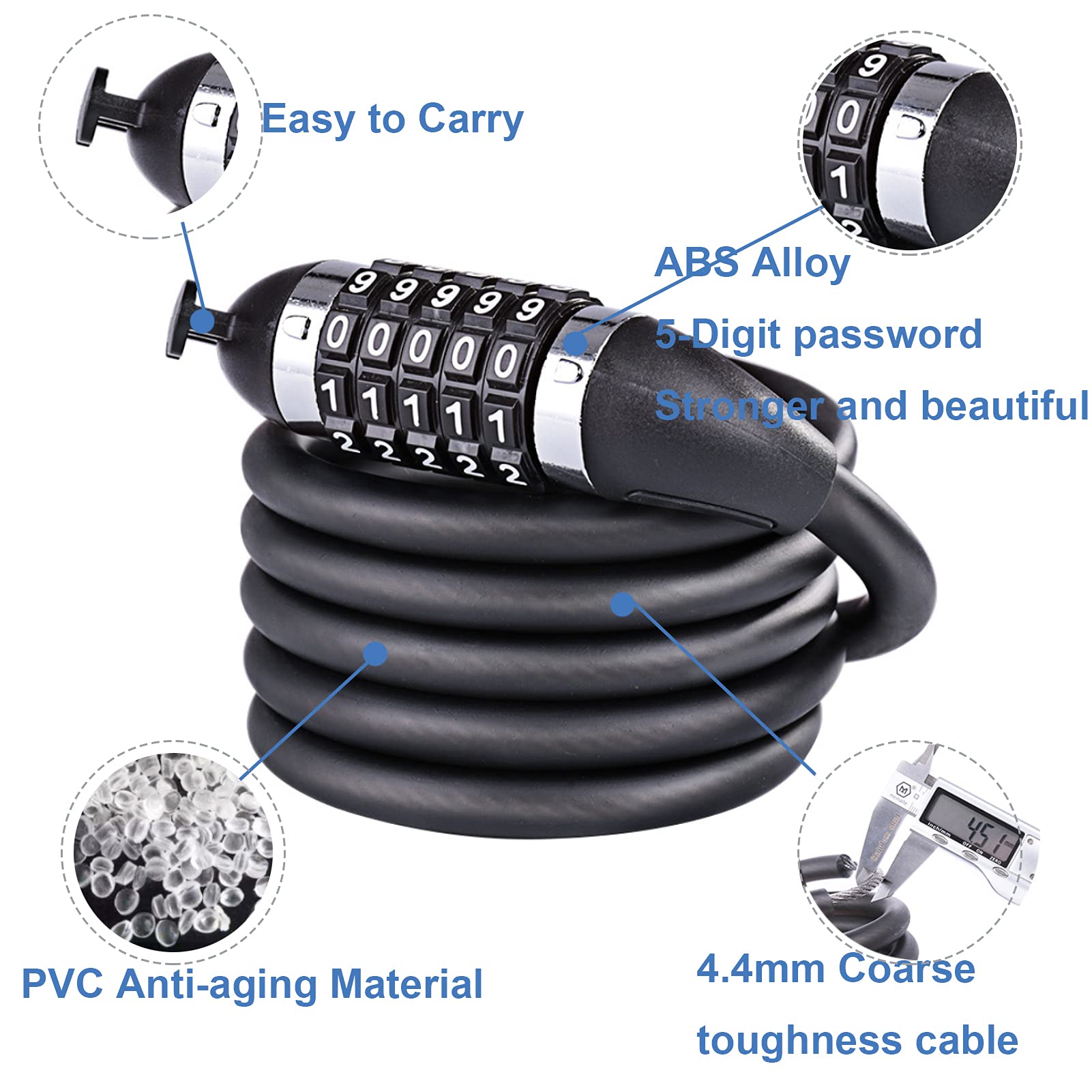 Bike Lock Cable 6 Feet Bike Security Chain Lock with Combination Code Keyless Anti Theft Resettable Password 5 Digit Hardness Mounting Bracket Steel Lock for Bike Bicycle Motorcycle Door Gate Outdoor