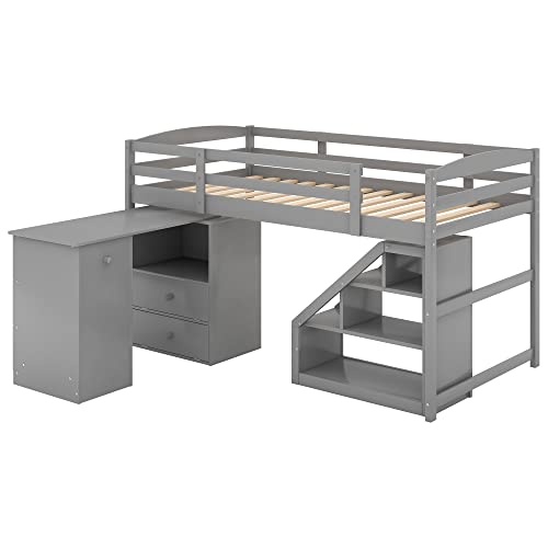 ERDAYE Twin Size Wooden Loft Bed Frame with Multifunctional Movable Built-in Desk, 5 Drawers and Staircase Bring Storage Shelf for Bedroom Guest Room Furniture, Gray