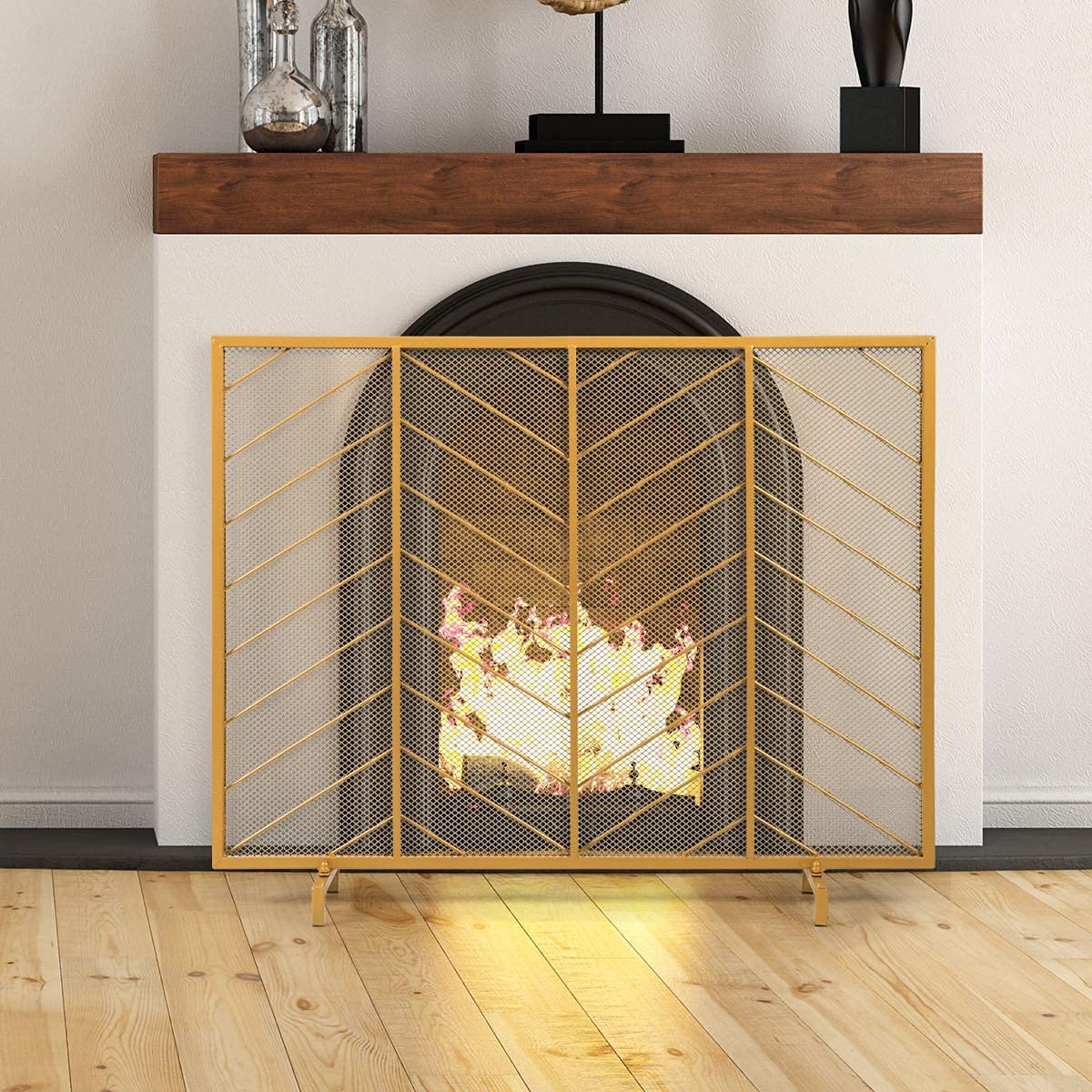 OFFICEJOY 39 x 29in Fireplace Screen, Single Panel Wrought Chevron Fireplace Screen, Iron Mesh Fire Spark Guard for Living Room, Bedroom, Metal Fireplace Decoration for Indoor & Outdoor