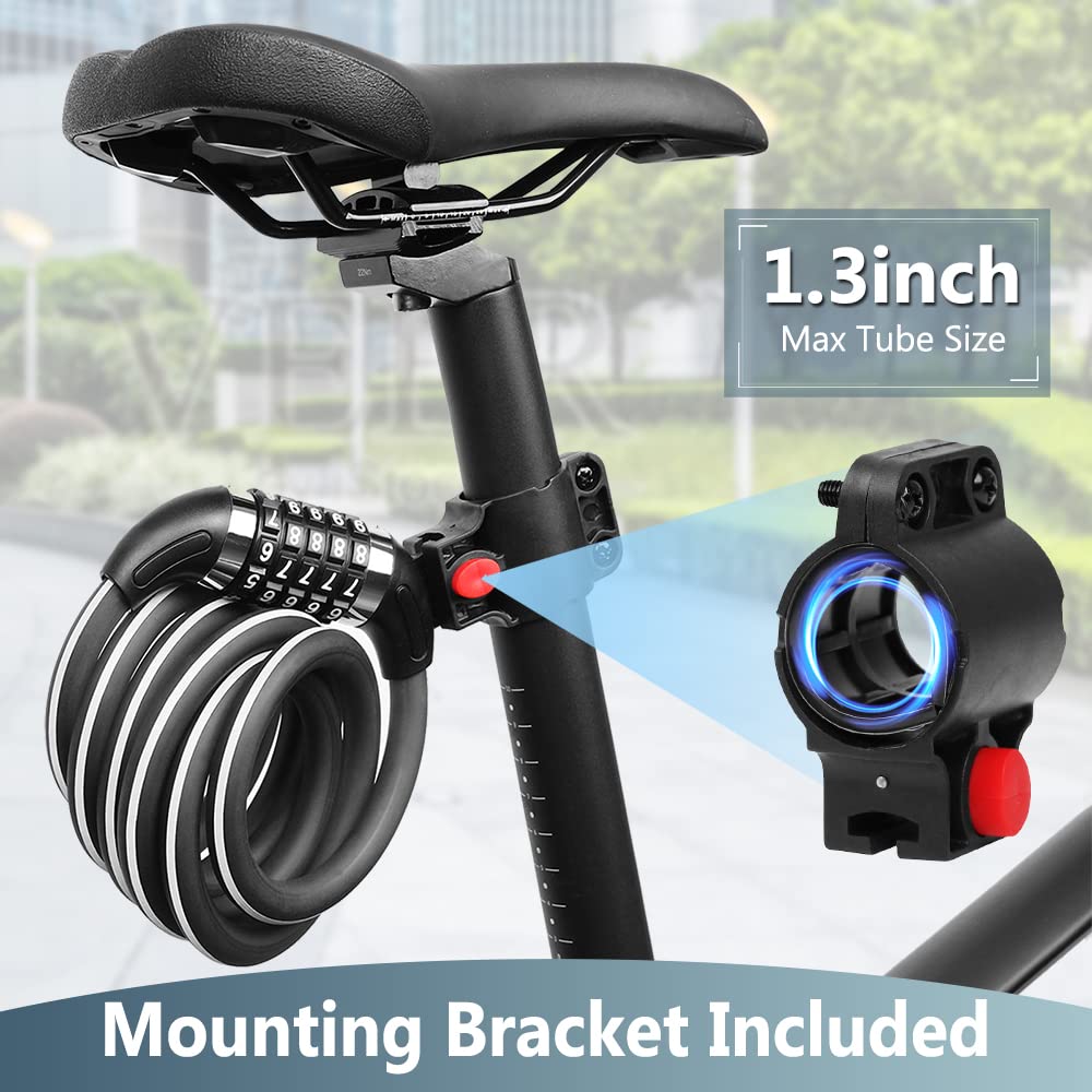 Bike Lock Cable 7feet, 5 Digit Resettable Combination Bicycle Lock with 12mm Flexible Self Coiling Braided Steel Cable,Keyless Convenience with Frame Mount Bracket