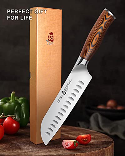 TUO Santoku Knife - 7 inch Kitchen Knife Japanese Chef Knife, High Carbon Stainless Steel Chef Knife, Ergonomic Pakkawood Handle, Gift Box - Fiery Phoenix Series