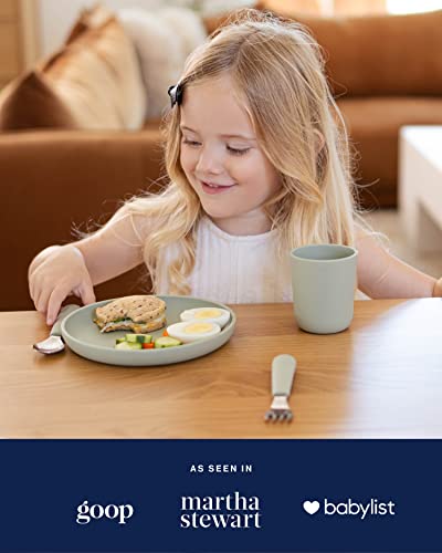 Lalo Big Bites Kids Dinnerware Starter Set - Dishwasher Safe, BPA Free, Kids Tableware Set - Includes Stackable Bowl, Plate, Utensils & Cup - 5 Pieces - Oatmeal