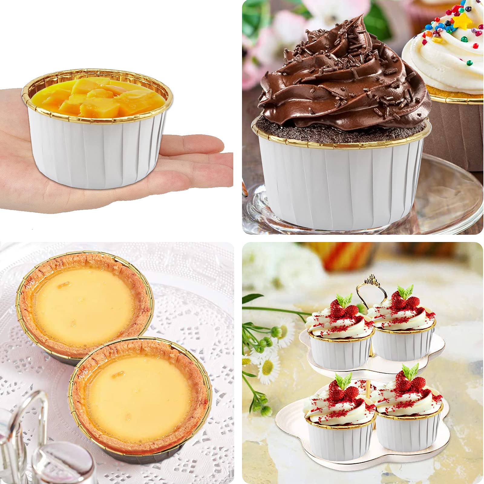 Cupcake Liners With Dome Lids 100 Pack,LNYZQUS 5.5 Oz Foil Cupcake Tins Baking Cups,Disposable Ramekins Muffin Tins,Large Cupcake Cups Cupcake Wrappers Holders,with Spoons-White in Gold