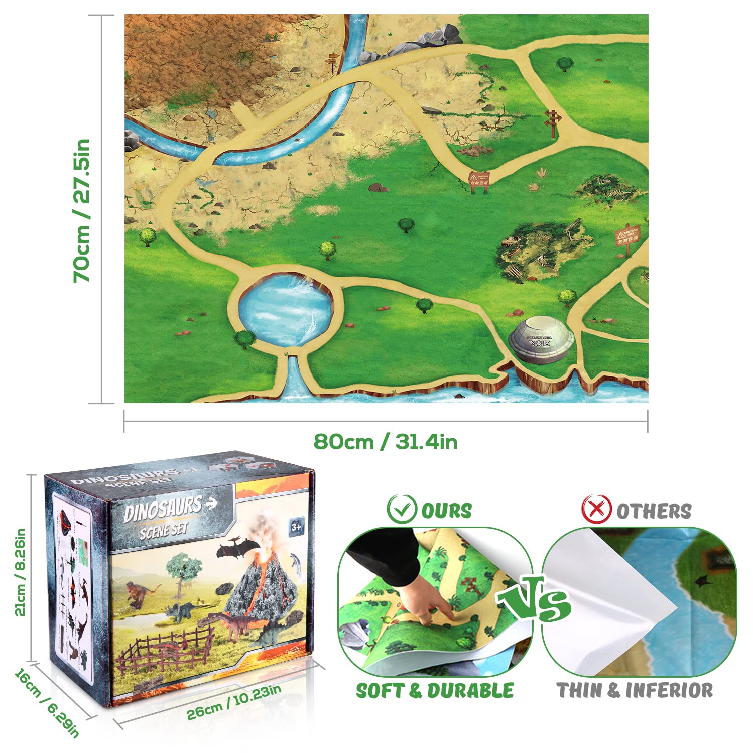 kramow Dinosaur Volcano Figures Toy with Mat, Mist-spouting Volcano Playset with Realistic Dinosaurs,Stone and Tree to Create a Dinosaur World Educational for Kids Boys Girls Age 3+