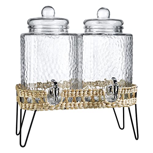 Double Ice Cold Clear Glass Hammered Beverage Drink Dispensers On Wicker Metal Stand 1.5 Gallon Each Mason Jug For Outdoor, Parties & Daily Use
