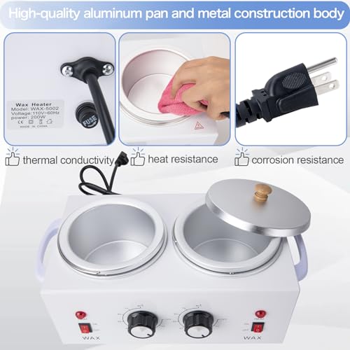 Double Wax Warmer Double Wax Pot Professional for Hair Removal, Electric Wax Heater Machine Dual Wax Pot Warmer Professional With Adjustable Temperature for Facial,Skin,Body,Spa, and Salon