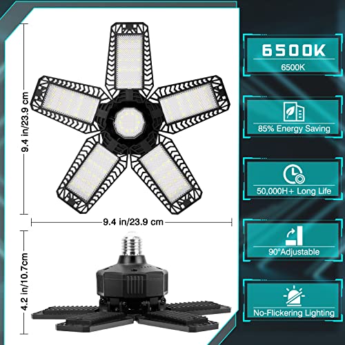 ISKYDRAW LED Garage Light - 2 Pack 160W 16000LM Garage Light with 5+1 Deformable Panels LED Garage Ceiling Lights, Compatible with E26/E27 Base for Garage, Warehouse, Store, Basement, Storage Room