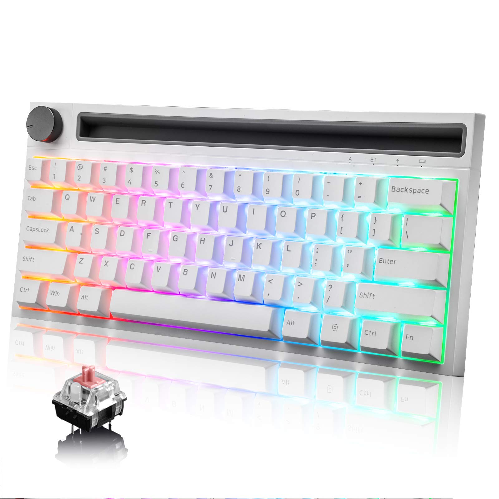 Bluetooth Mechanical Gaming Keyboard with 19 RGB Backlight Mini 61 Key Multimedia Knob Rechargeable 4400mAh Battery Type C Wired/Wireless for PC Mac Mobile Phone Gamer Typist (White/Pink Switch)