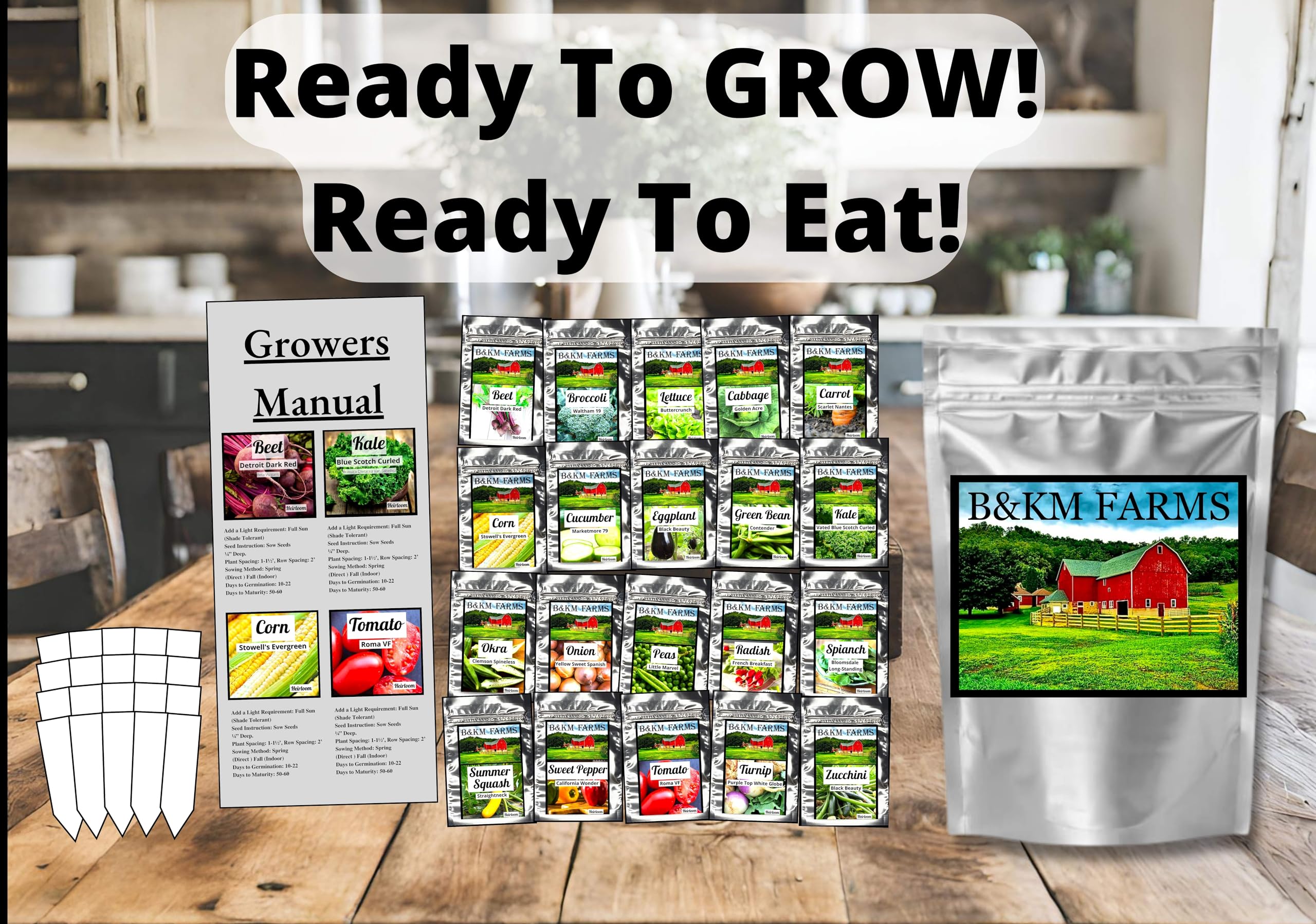 B&KM Farms Non-GMO Heirloom Seed Collection, Over 10,000 Seeds, 20 Varieties, Tomatoes, Zucchini, Carrots, Heavy-Duty Container (4)