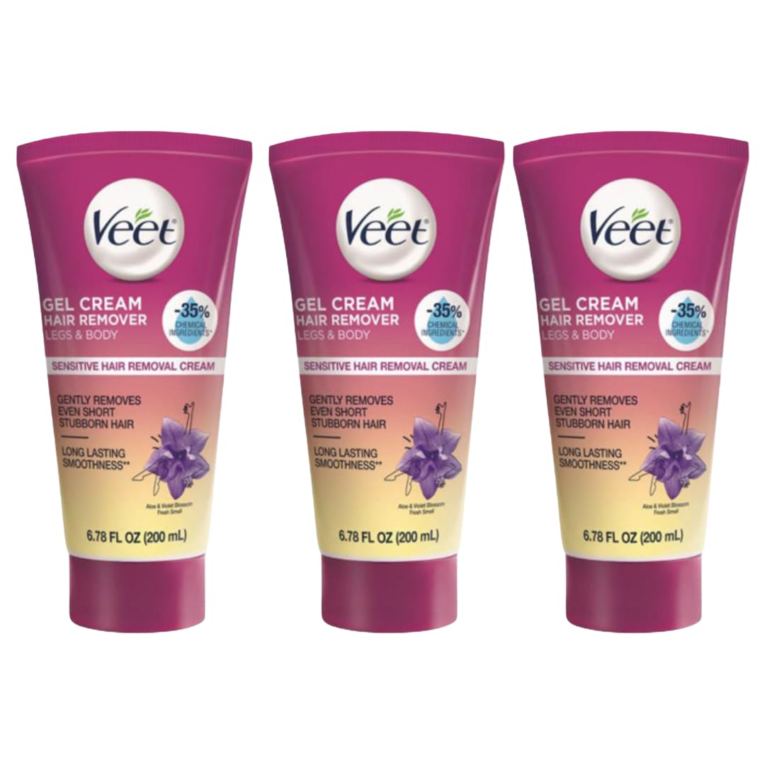 Veet Sensitive Skin Formula with Aloe Vera and Vitamin E, Dermatologically Tested Hair Removal Gel Cream 6.76 Fl Oz. for Legs & Body (3 Pack)