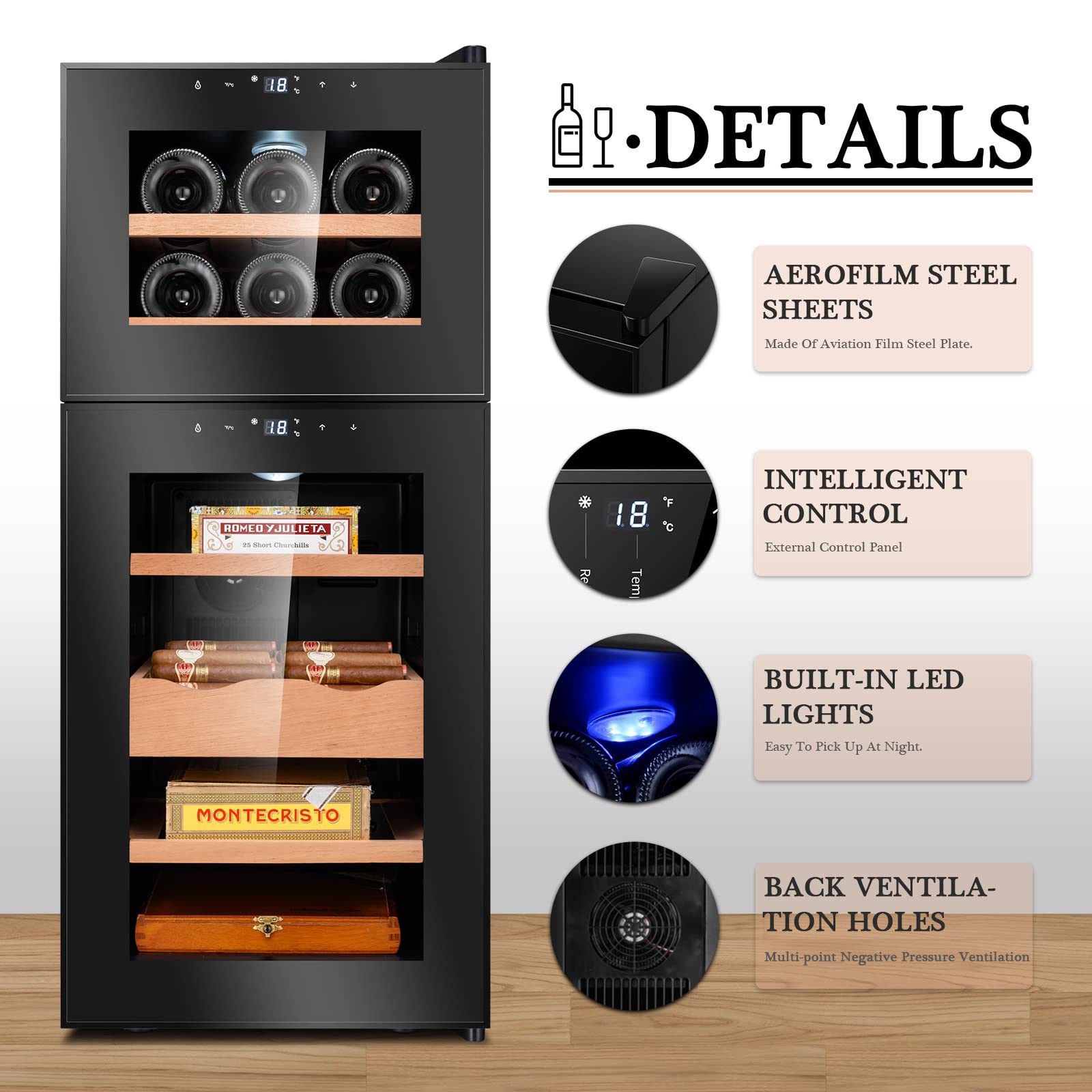 CIGARLOONG Electronic Cooler Humidor 59L Spanish Cedar Wood Shelves and Drawer Double Door Wine Cabinet,2.08 Cu Ft