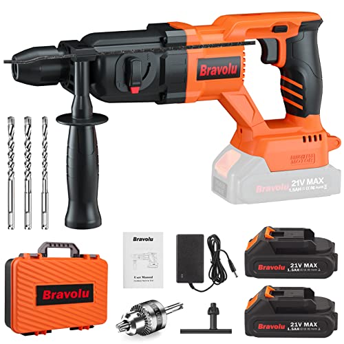 Cordless Rotary Hammer Drill, Bravolu Brushless 21V 1 Inch SDS Plus Hammer Drill with 2 x 1.5Ah Battery and 1/2" Drill Chuck, 2 Modes and Variable-Speed, 360° Adjustable Handle