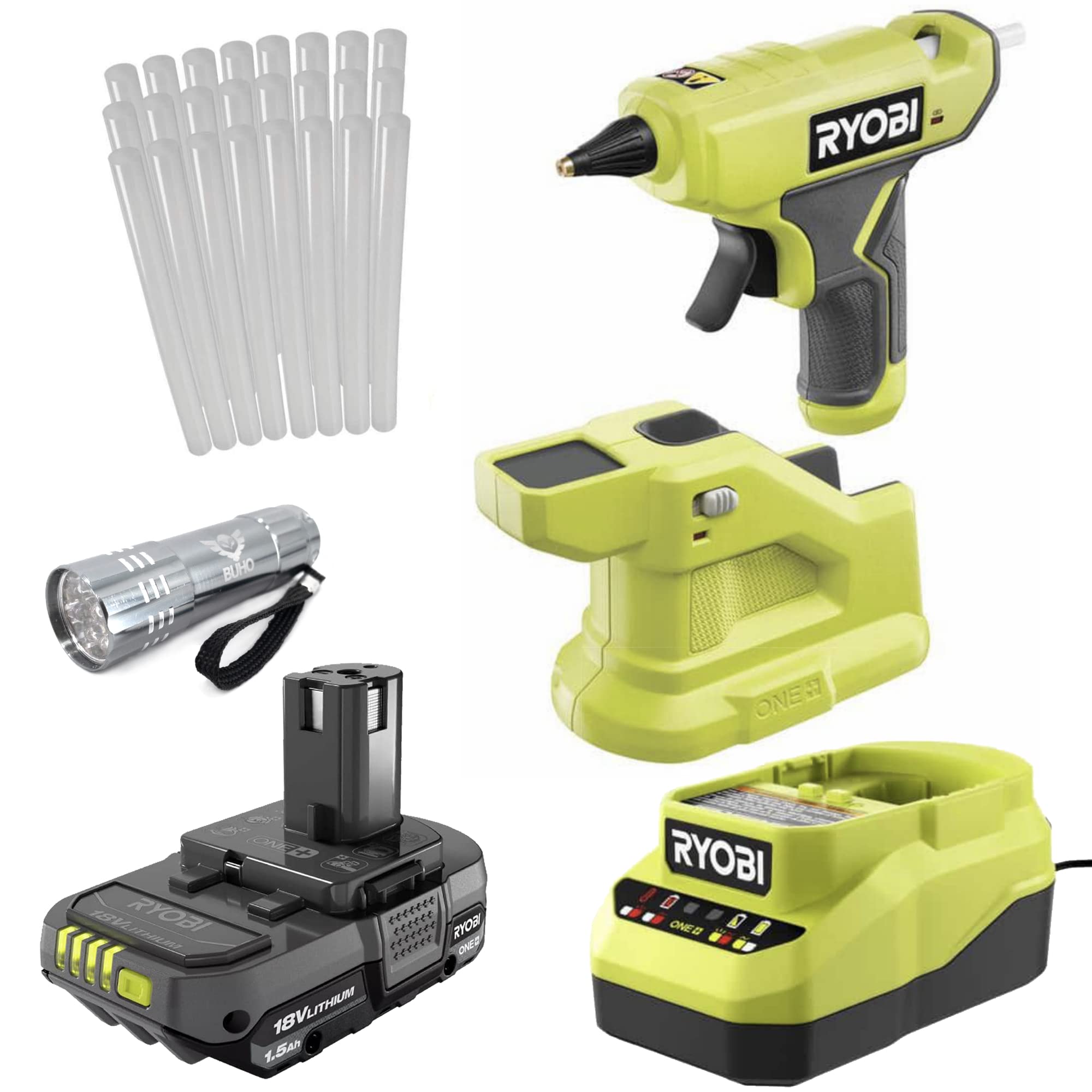 Compact Glue Gun Bundle with Ryobi Glue Gun, 18-Volt Lithium-ion 1.5 Ah Battery, 18-Volt Charger, 24-Piece Mini Glue Stick Pack and Buho Pocket Flashlight