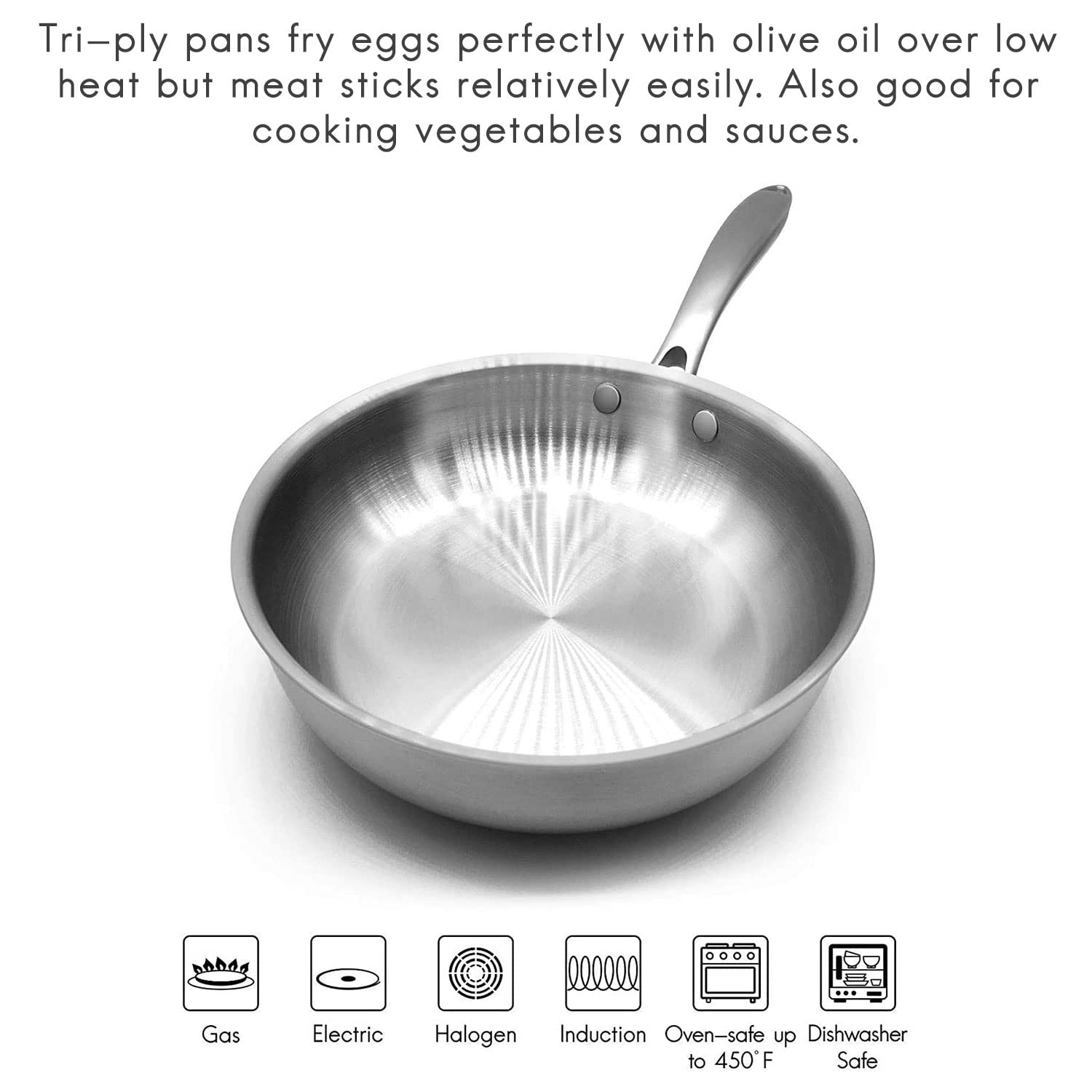Fortune Candy 8-Inch Fry Pan with Lid, 3-ply Skillet, 18/8 Stainless Steel, Dishwasher Safe, Induction Ready, Silver