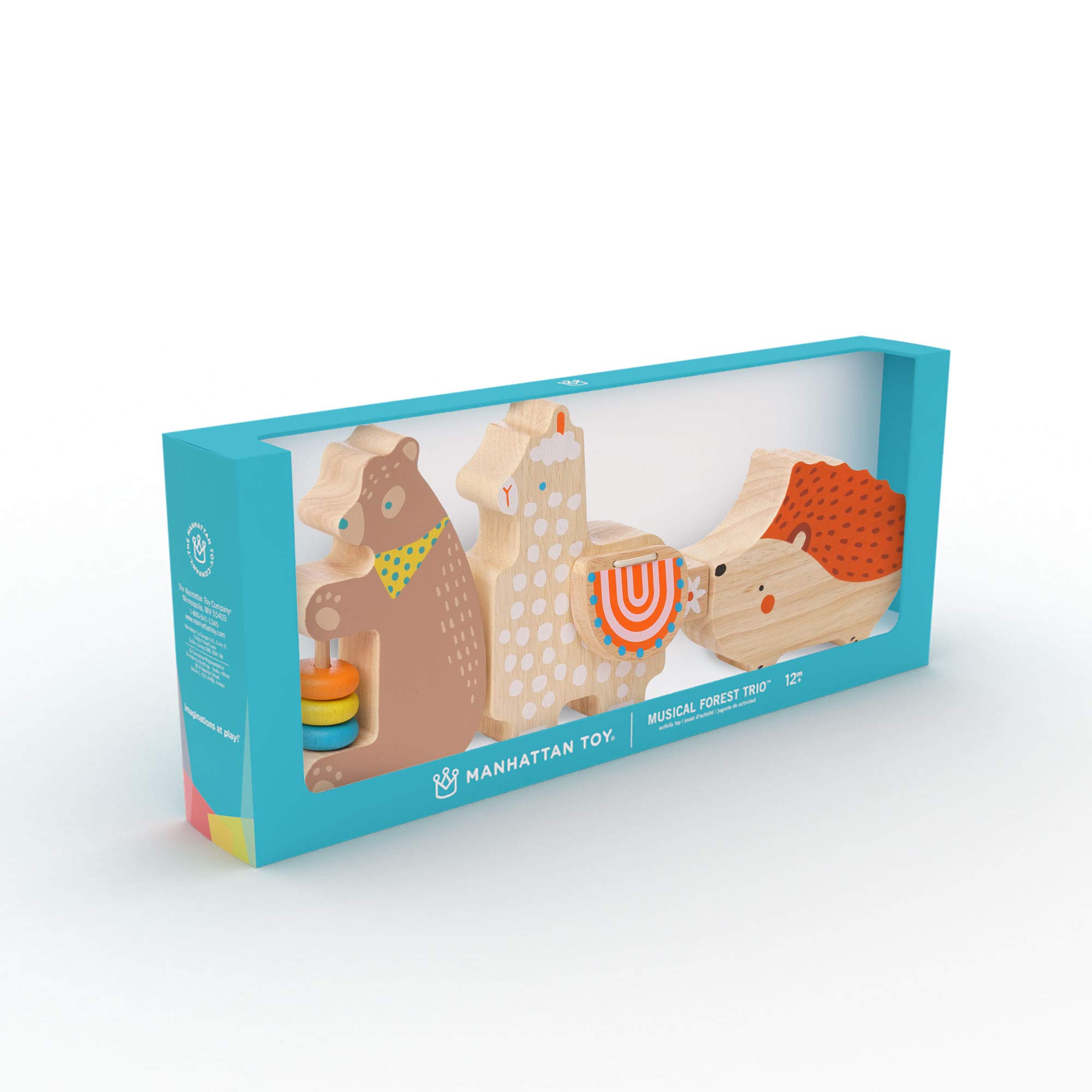 Manhattan Toy Musical Forest Trio 3 Piece Wooden Toy Set for Toddlers with Bear Rattle, Llama Clacker & Hedgehog Guiro