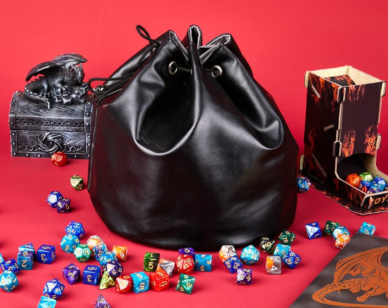 PUGED Large DND Dice Dragon Leather Drawstring Bags with Pockets Storage Bag for RPG MTG Game Dices Capacity Over 1000 Dice (Black)