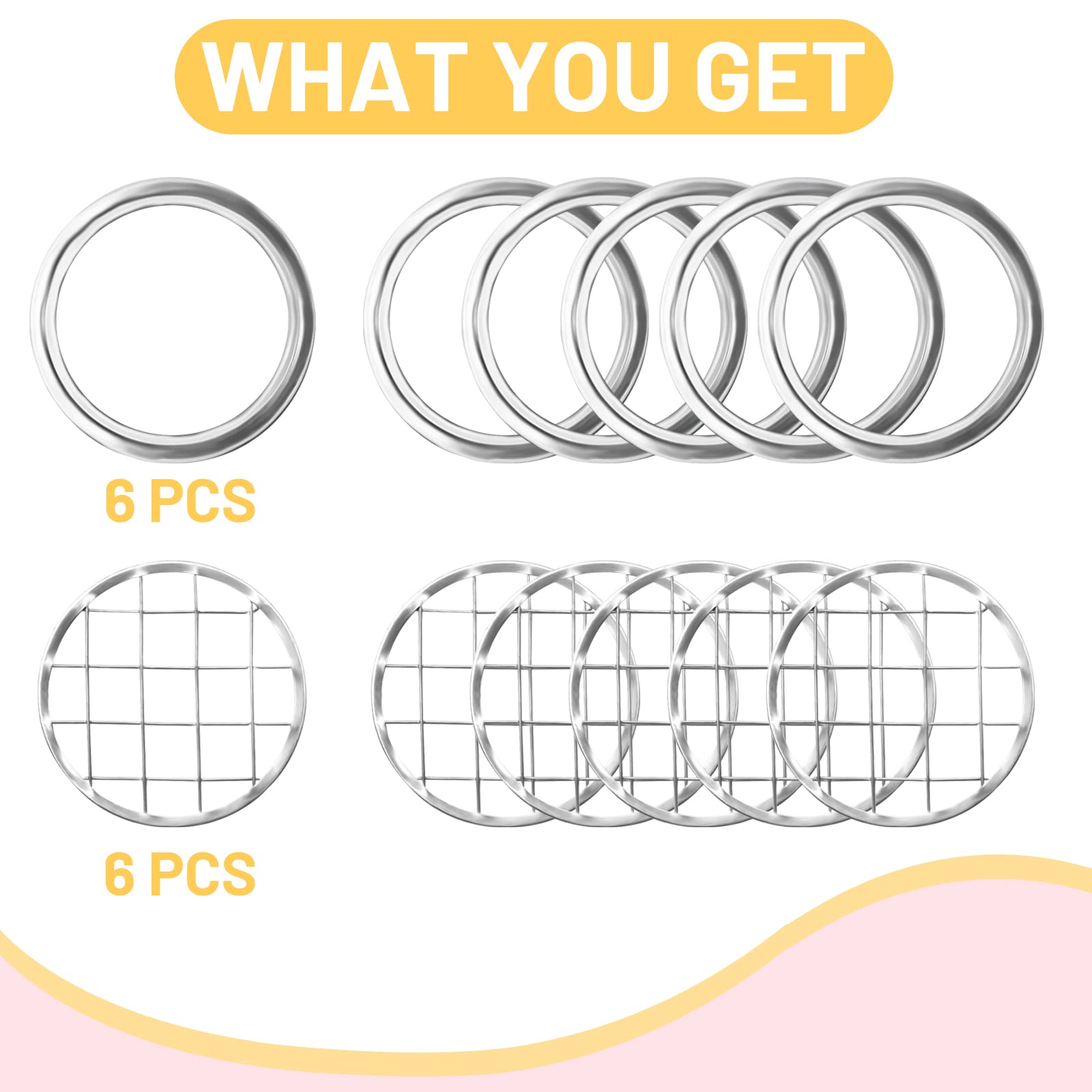 Cinvo Flower Mason Jar Insert Lid Metal Flower Organizer Frog Lid for Regular Mouth Mason Canning Jars Bouquet Easy Flower Arranging(6 Set Rings and Separate Lids)