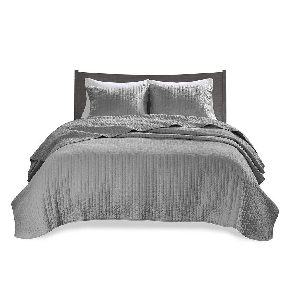Madison Park Keaton Quilt Set-Casual Channel Stitching Design All Season, Lightweight Coverlet Bedspread Bedding, Shams, Twin/Twin XL(68"x90"), Stripe Grey, 2 Piece