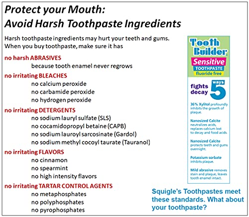 Squigle Tooth Builder SLS Free Toothpaste (Stops Tooth Sensitivity) Prevents Canker Sores, Cavities, Perioral Dermatitis, Bad Breath, Chapped Lips - 6 Pack