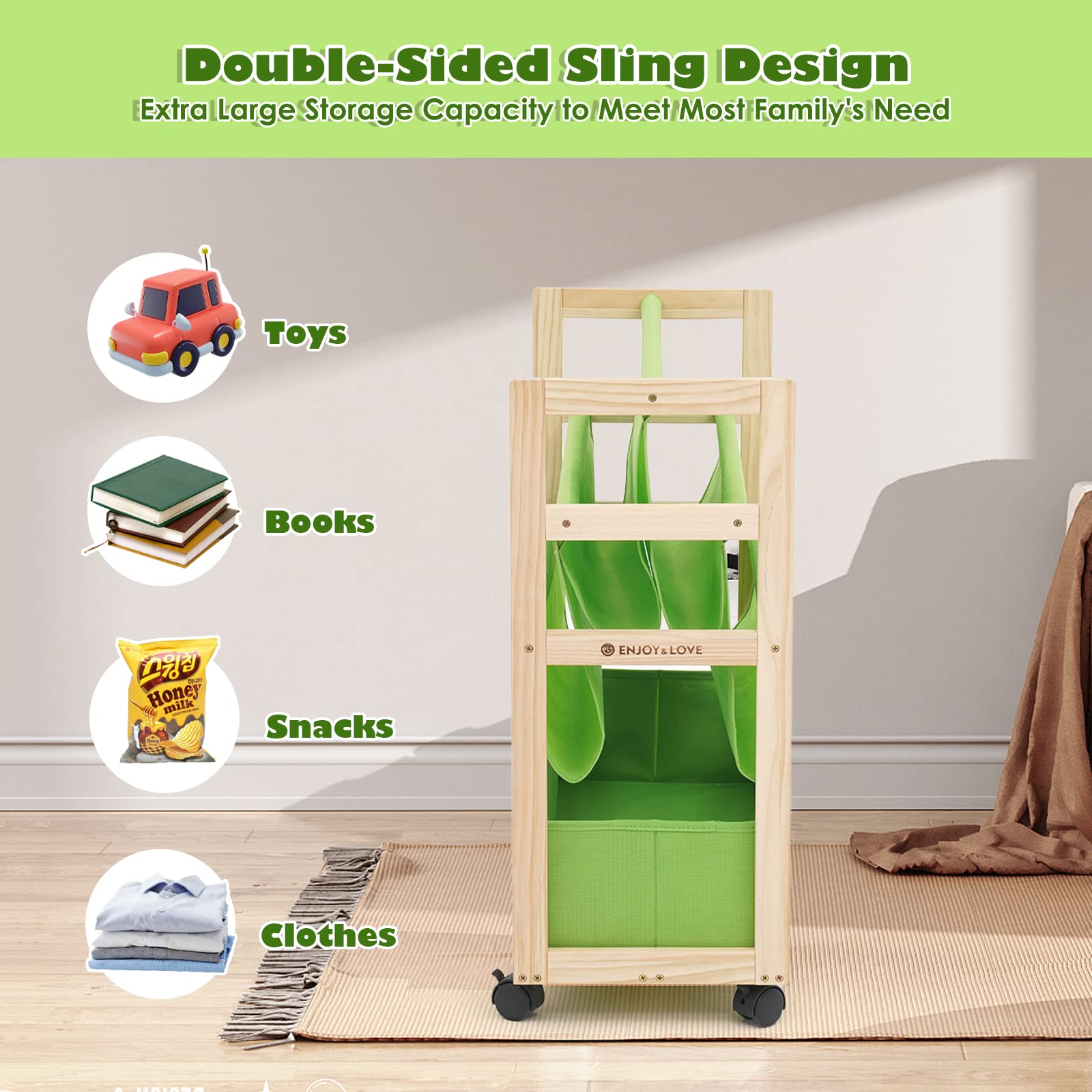 Jomifin Rolling Bookshelf with Toys Storage Bins, Kids Sling Book Shelf with Wheels Large Capacity for Kids Bedroom Playroom - Double Sided