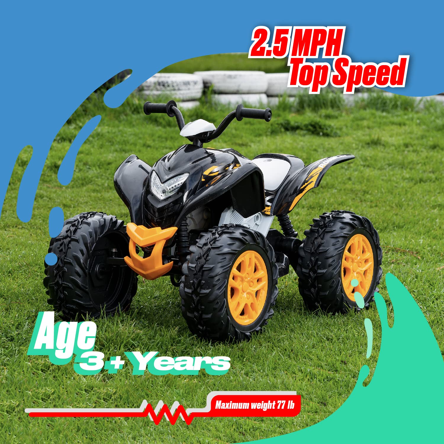 Rollplay Powersport ATV 12V Electric 4 Wheeler Featuring Oversized Wheels with Rubber Tire Strips for Added Traction, Working Headlights, and a Top Speed of 3 MPH, Black/Yellow
