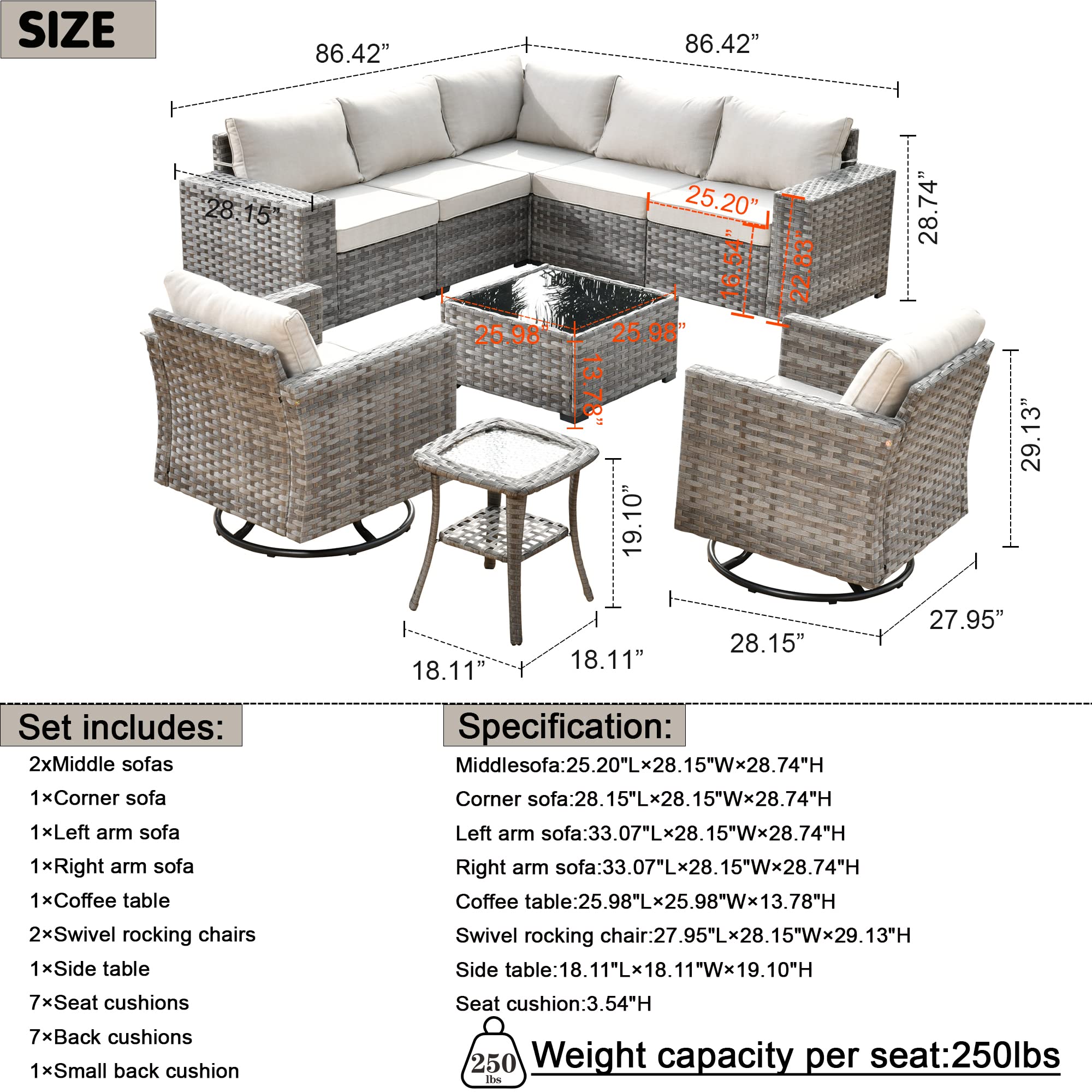 XIZZI Patio Furniture Sets Outdoor Sectional Sofa Swivel Rocking Chairs 9 PCS All Weather PE Wicker Conversation Couch and Matching Side Table,Beige