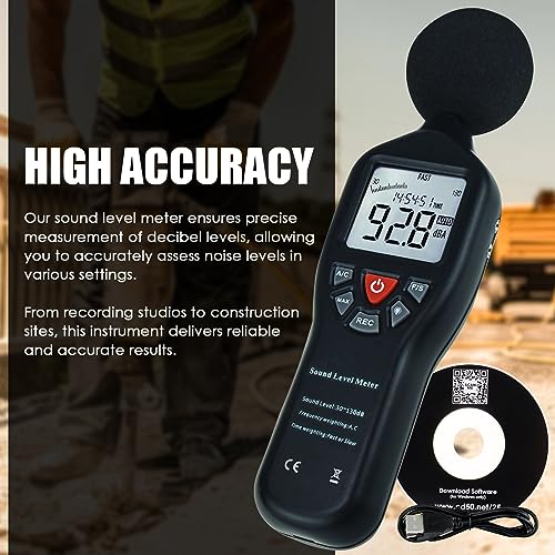 Decibel Meter, Sound Level Meter CD Software Audio Decibel Noise Measure Tester 30 β 130 dB Audio Noise Measuring Range with Backlit LCD Display, Data Record Function