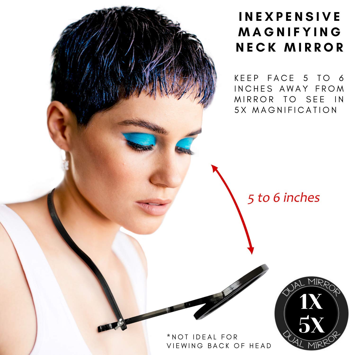 Rucci Round Portable Lightweight 5x/1x Magnifying Neck Mirror Piano Black - 4.25" Diameter x 0.25" x 11"H, Black