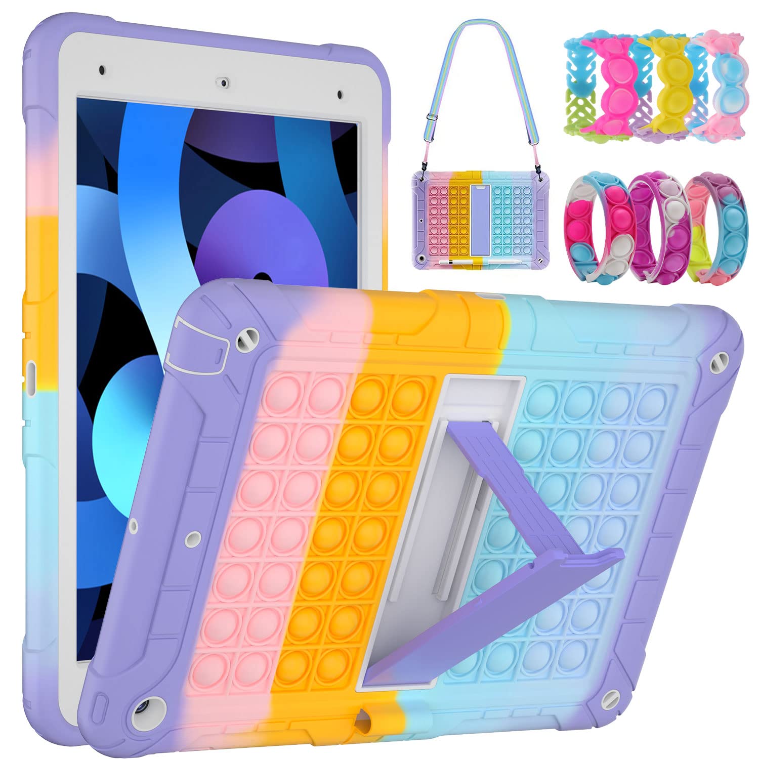 Case for iPad 9th/8th/7th Generation, 10.2 inch iPad Case with 6PCS Silicone Fidget Bubble Bracelet, Prner Case Shockproof Cover with Popit Fidget, Case with Pencil Holder and 1PCS Carrying Strap