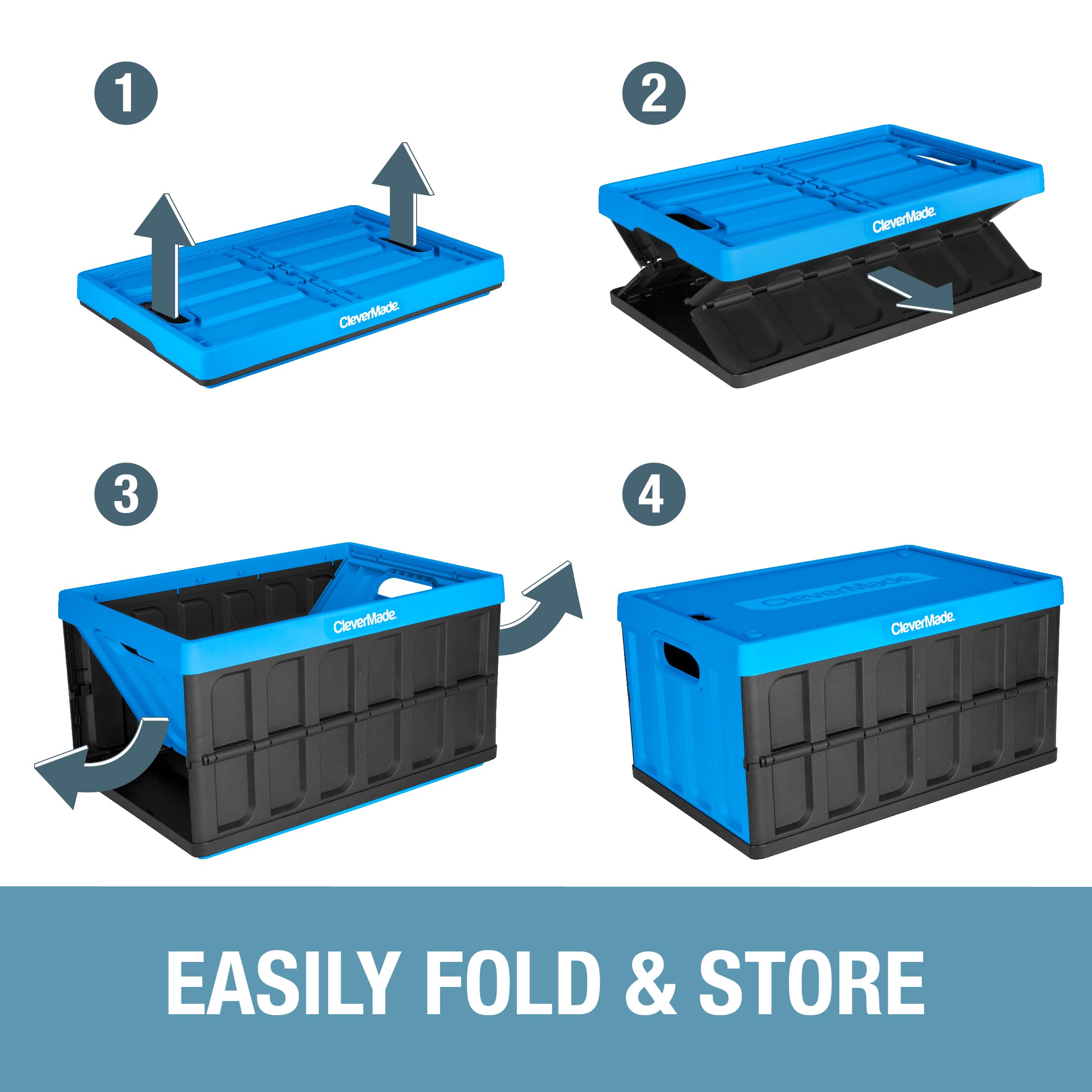 CleverMade Collapsible Storage Bin (With Lid), Obsidian, 3PK - 46L (12 Gal) Folding Plastic Stackable Utility Crates, Holds 75lbs Per Bin - Solid Wall CleverCrates for Organizing, Storage, Moving