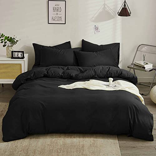 Nanko Queen Duvet Cover Set Black 3pc 90x90 Luxury Microfiber Down Comforter Quilt Bedding Cover with Deco Buttons Zip Closure Ties - Modern Style for Men and Women Chambray Teen