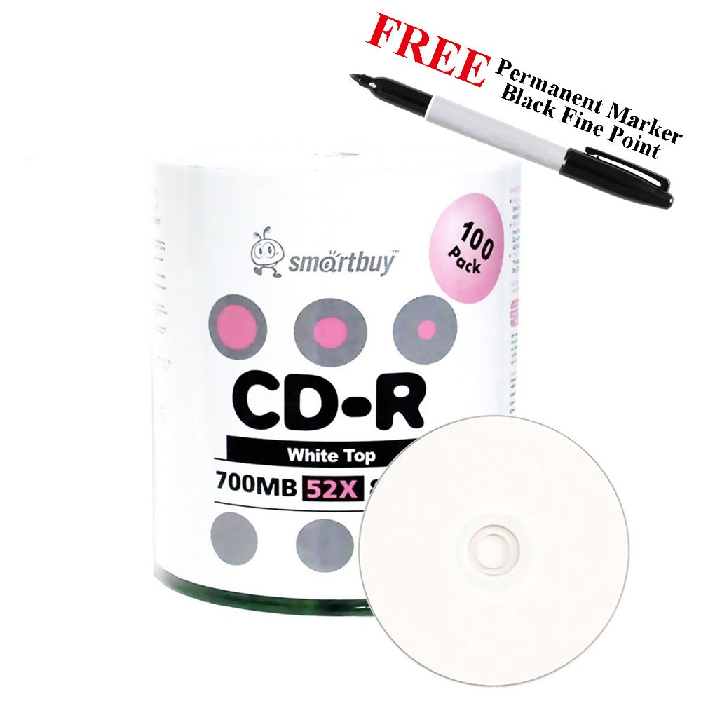 Smartbuy 100-disc 700mb/80min 52x CD-R White Top Blank Media Record Disc + Black Permanent Marker