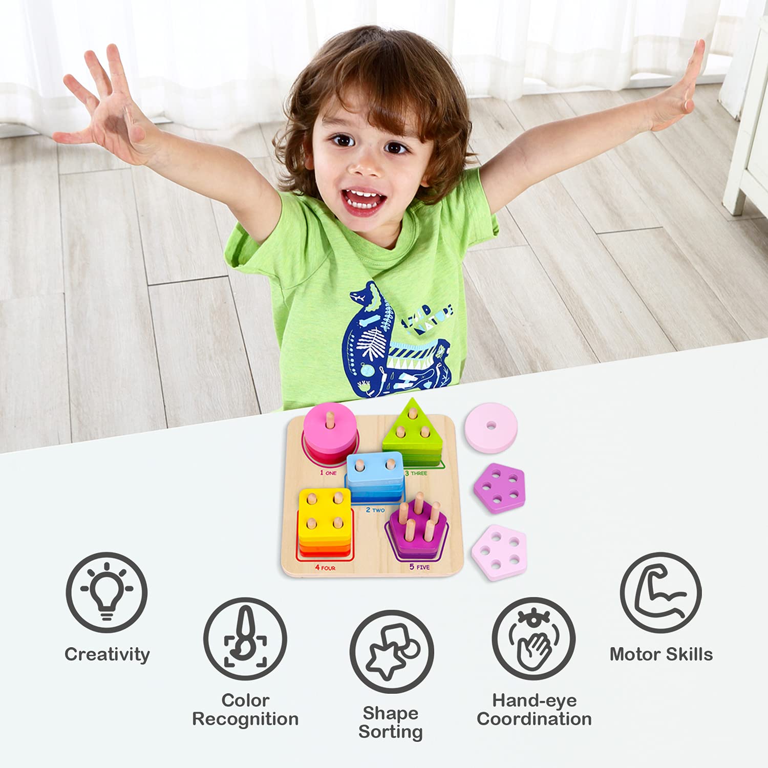 TOOKYLAND Wooden Geometric Shape Sorter - 21pcs Shape and Color Recognition Toy, Ages 2+