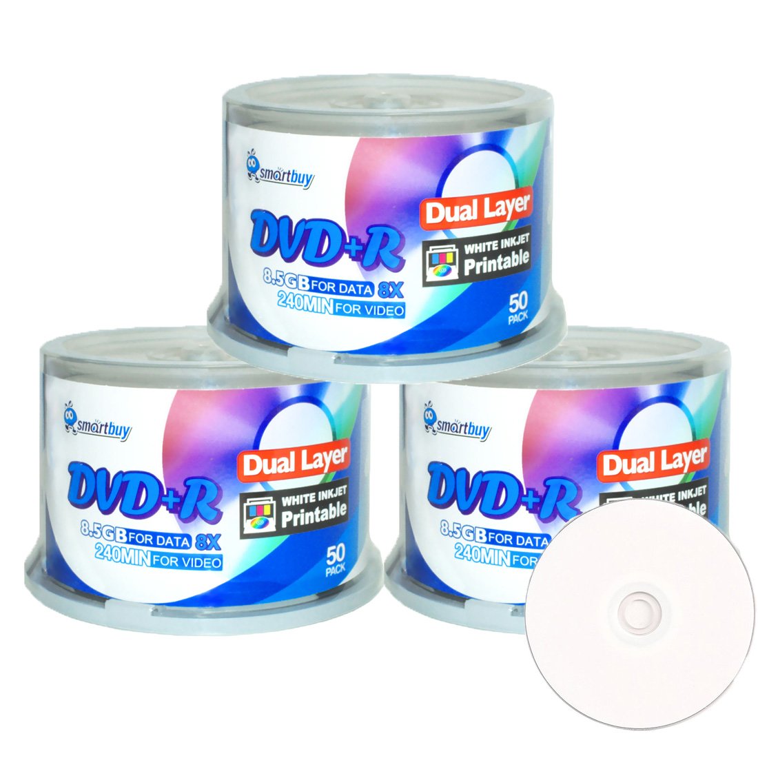Smartbuy 150-disc 8.5gb/240min 8X DVD+r Dl Dual Layer Double Layer White Inkjet Hub Printable Blank Data Recordable Media Disc Spindle