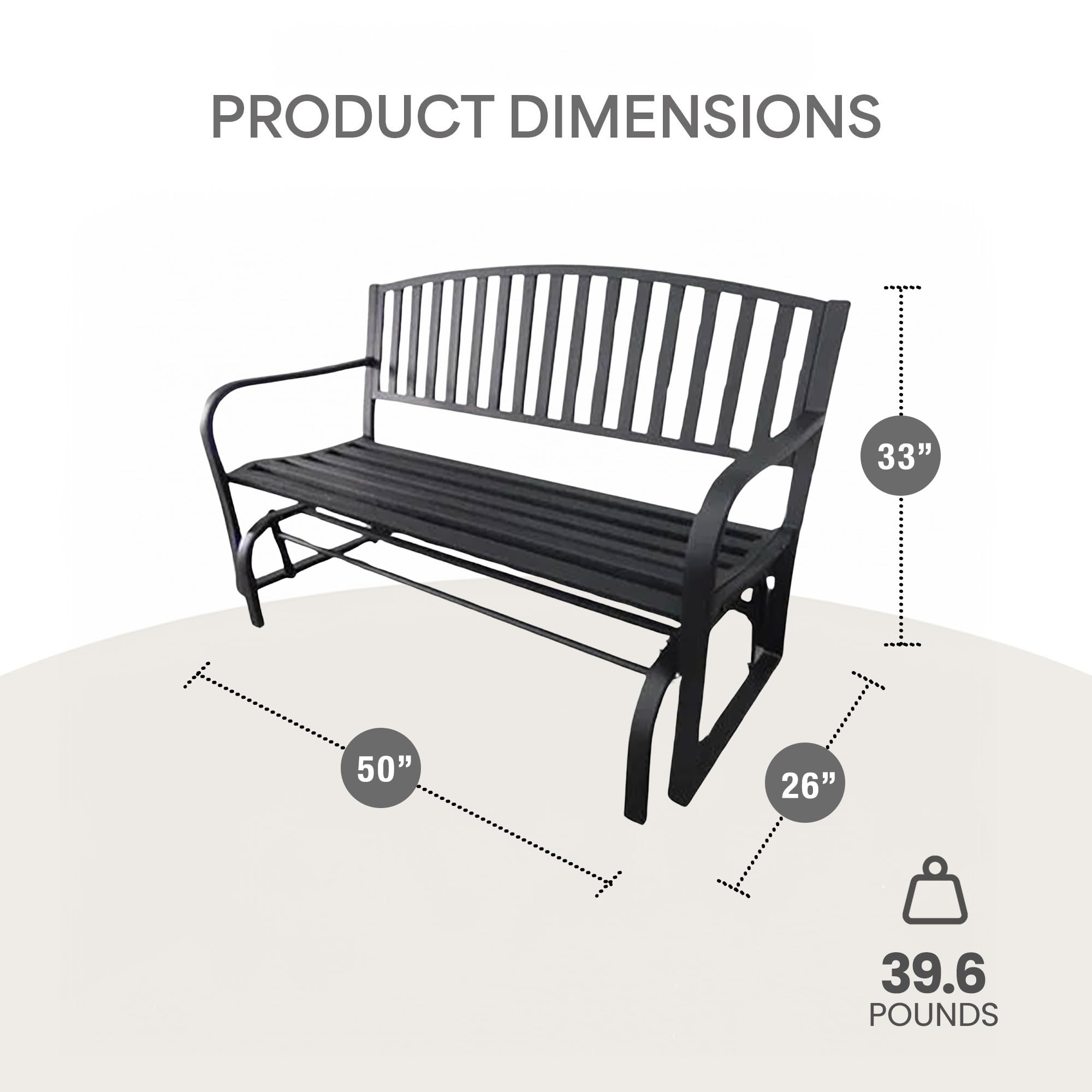 Four Seasons Courtyard Outdoor Patio Bench Glider Backyard Garden, Front Porch, or Walking Path Furniture Seat with Powder Coated Steel Frame, Black